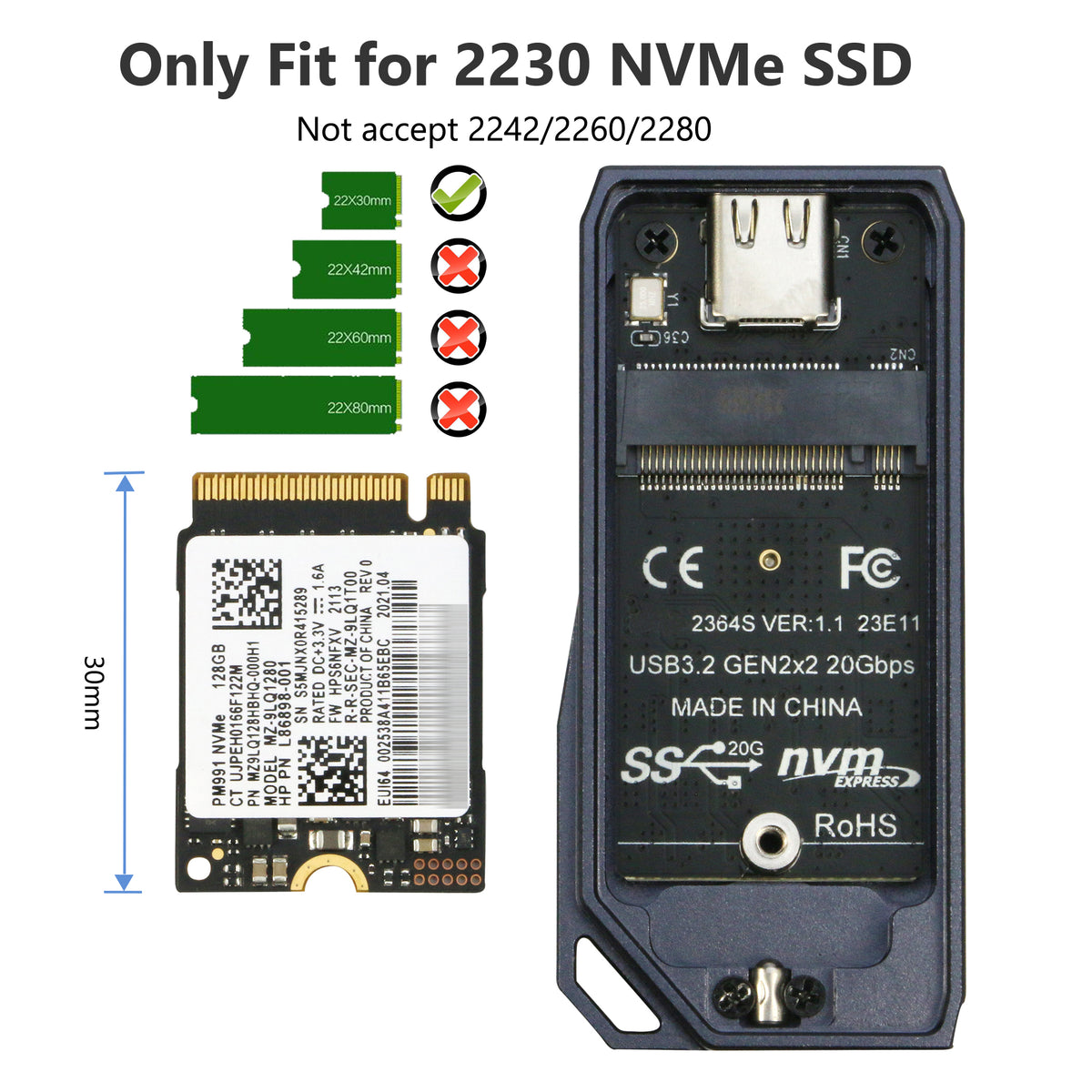 M.2 2230 NVMe Enclsoure 20Gbps, RIITOP NVMe to USB3.2 Gen2X2 Reader Mi
