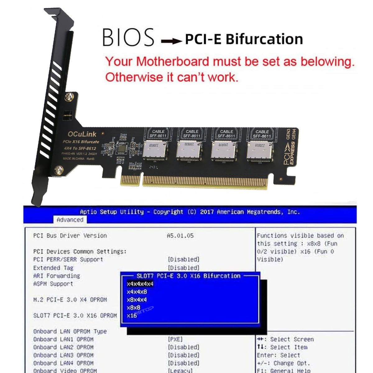 PCIE Oculink Adapter Card, RIITOP PCI-e Express 16x to Quad OCuLink SF